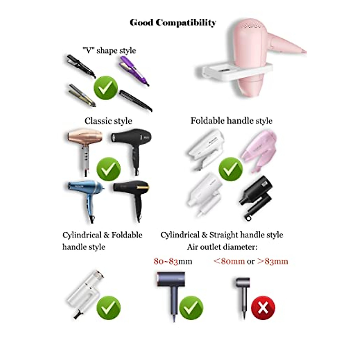 NOTMBESTM Hair Dryer Holder Blow Dryer Holder Compatible with Flat Iron Holder Wall Mount for Hair Tool Storage Organizer Straightener Holder Rack Build in Cable Management Slot (White)