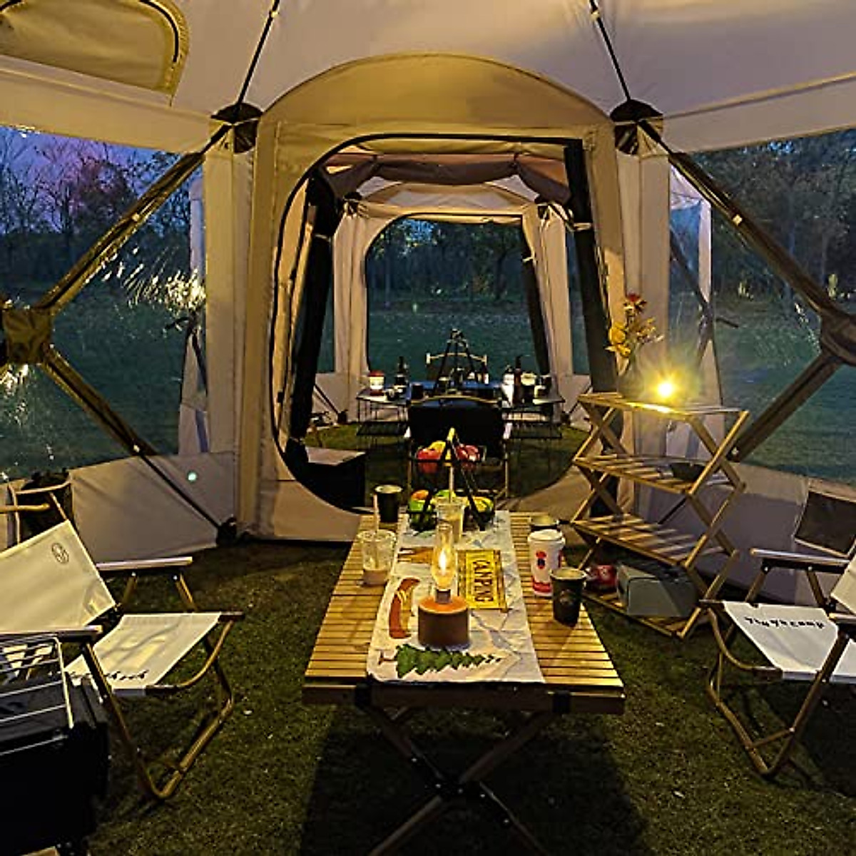 Instant Cabin Tent Portable Large Pop Up Tent Easy Setup for Family Camping Hexagon Restaurant Tent with Wind Rope/Ground Pegs/Door Poles/Storage Bag