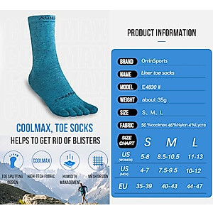 OrrinSports Toe Socks for Men Women Coolmax Liner Running Socks 3 Pairs Breathable Athletic Five Finger Socks (Size Medium)