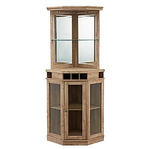 EROMMY Corner Bar, Home Liquor Storage Unit in High Density Board Finish with Built-in Wine Rack and Lower Cabinet, Hanging Stemware Rack, Burlywood