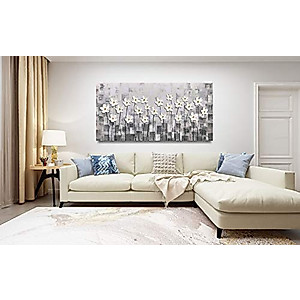 Yihui Arts Canvas Wall Art Grey and White Flowers Pictures Blossom Modern Floral Pallet Knife Painting Framed for Bedroom Kitchen Dinning Room Living Room Office Home Decor