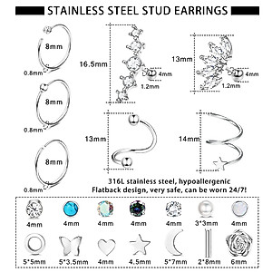 YADOCA 19Pairs Surgical Steel Flat Back Stud Earrings For Women Men Hypoallergenic Cartilage Earrings Stud Hoops Small CZ Heart Star Moon Opal Butterfly Helix Tragus Daith Earrings Piercing Jewelry
