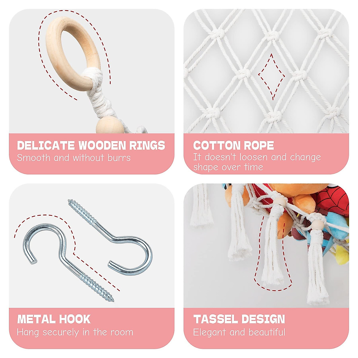 EndSource Stuffed Animal Net or Hammock, Upgraded Large Handmade Durable Macrame Toy Hanging Storage for Girls Boy, Net Holder Organizer in Nursery Playroom Bedroom Kid Room Corner, White (ED0029SS)