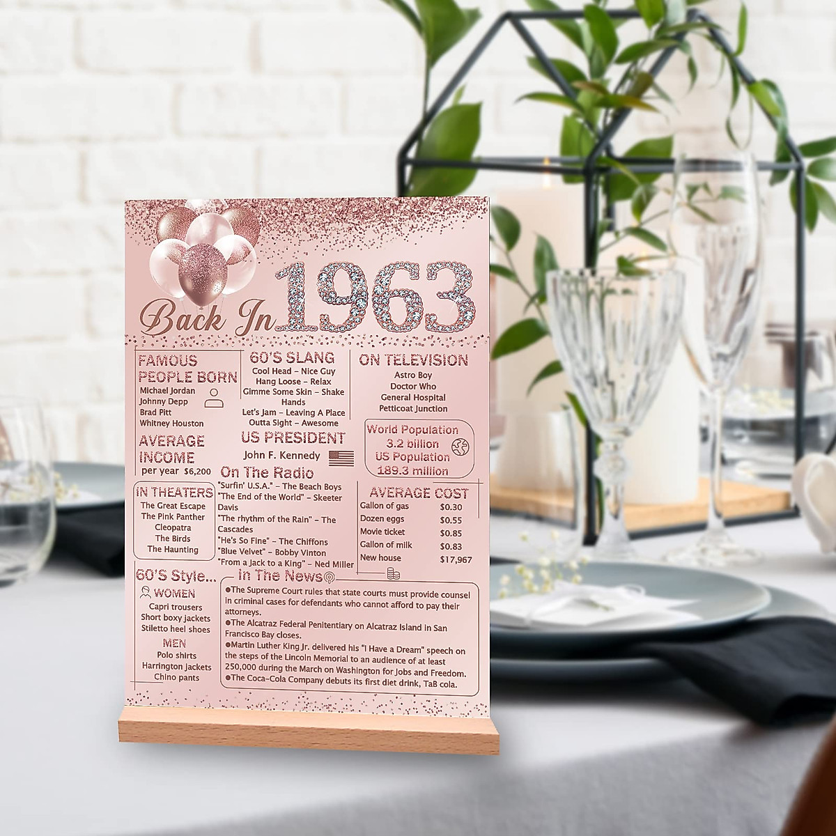 Vlipoeasn Pink 61st Birthday Anniversary Table Decoration 1963 Poster for Women, Rose Gold Back in 1963 Acrylic Table Sign with Wooden Stand, 61 Year Old Birthday Party Centerpieces Gift Supplies