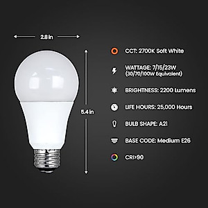 Feit Electric A21 LED Light Bulb, 3-Way Adjustable Wattage 50/100/150 Equivalent, E26 Base, Non Dimmable, 2200 Lumen, 2700K Soft White, General Purpose Bulbs, 25,000-Hour Lifetime, A50/150/927CA