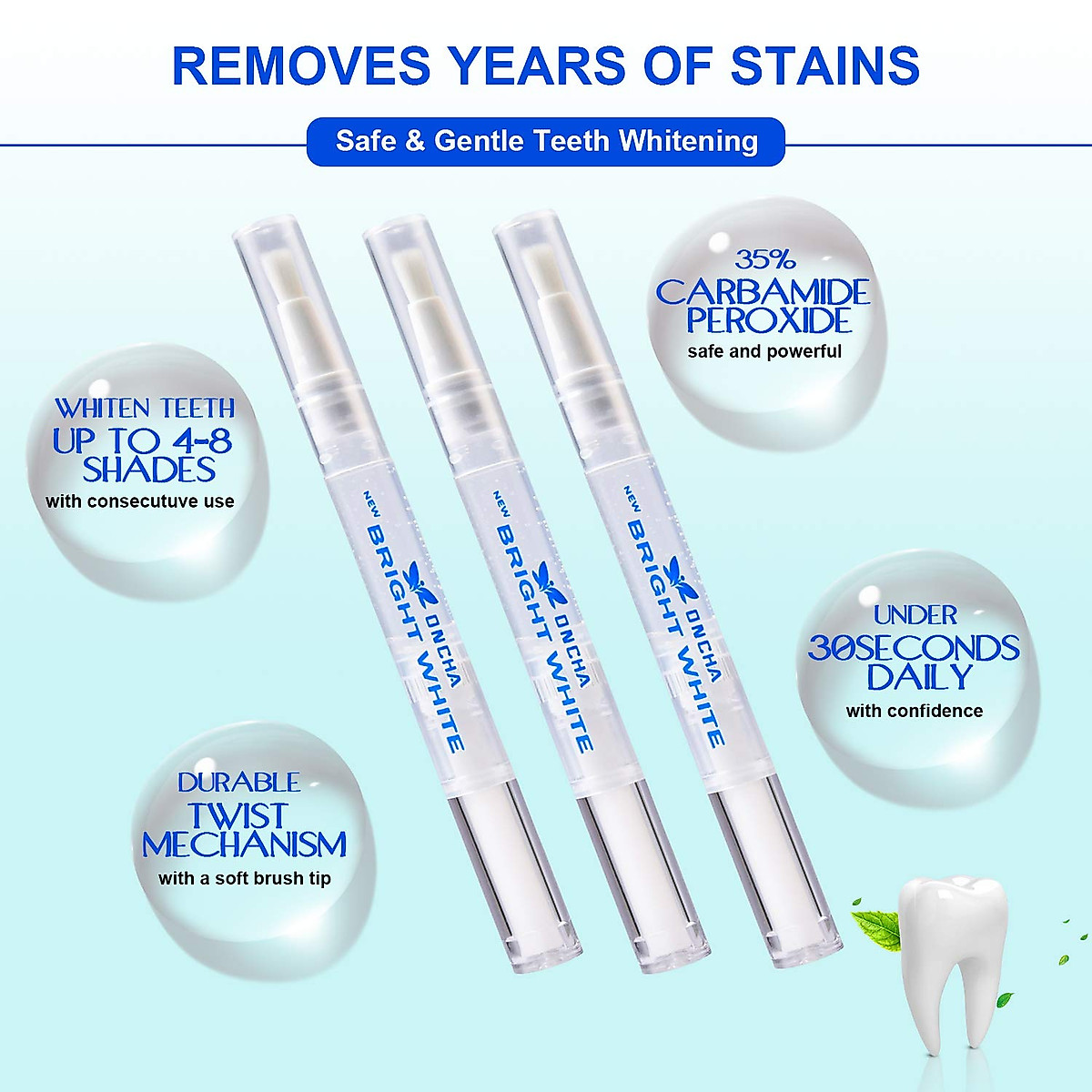 Teeth Whitening Pen 3 Pack, 35% Carbamide Peroxide, Effective, No Sensitivity, Easy to Use, Beautiful White Smile, Natural Mint Flavor