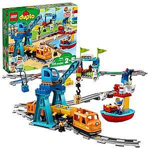 LEGO DUPLO Town Cargo Train Set - Push & Go Motor Train Toy for Toddlers - Preschool Learning Toy for Boys & Girls Ages 2-5, Includes Sound & Light, Moving Crane - Gift for Birthdays - 10875