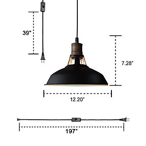 CLAXY Industrial Plug-in Barn Pendant Lighting Black Farmhouse Pendant Light with On/Off Switch 197 Inches Cord