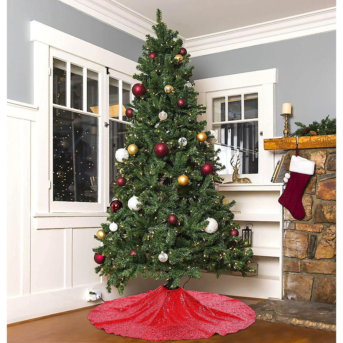 B-COOL Tree Skirts 48inches Red Christmas Sequin Tree Skirt Embroidered Tree Carpets Glitter Tree Mats Chrismas Tree Cover Round Red