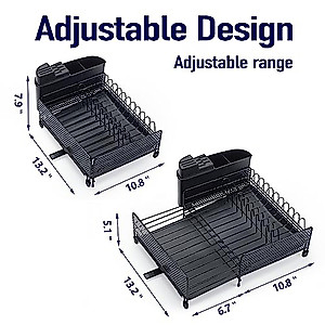 Moderspace Dish Drying Rack, Expandable Dish Rack, Capacity Dish Racks for Kitchen Counter, Dish Drainer with Utensil Holder& Drainboard, Black