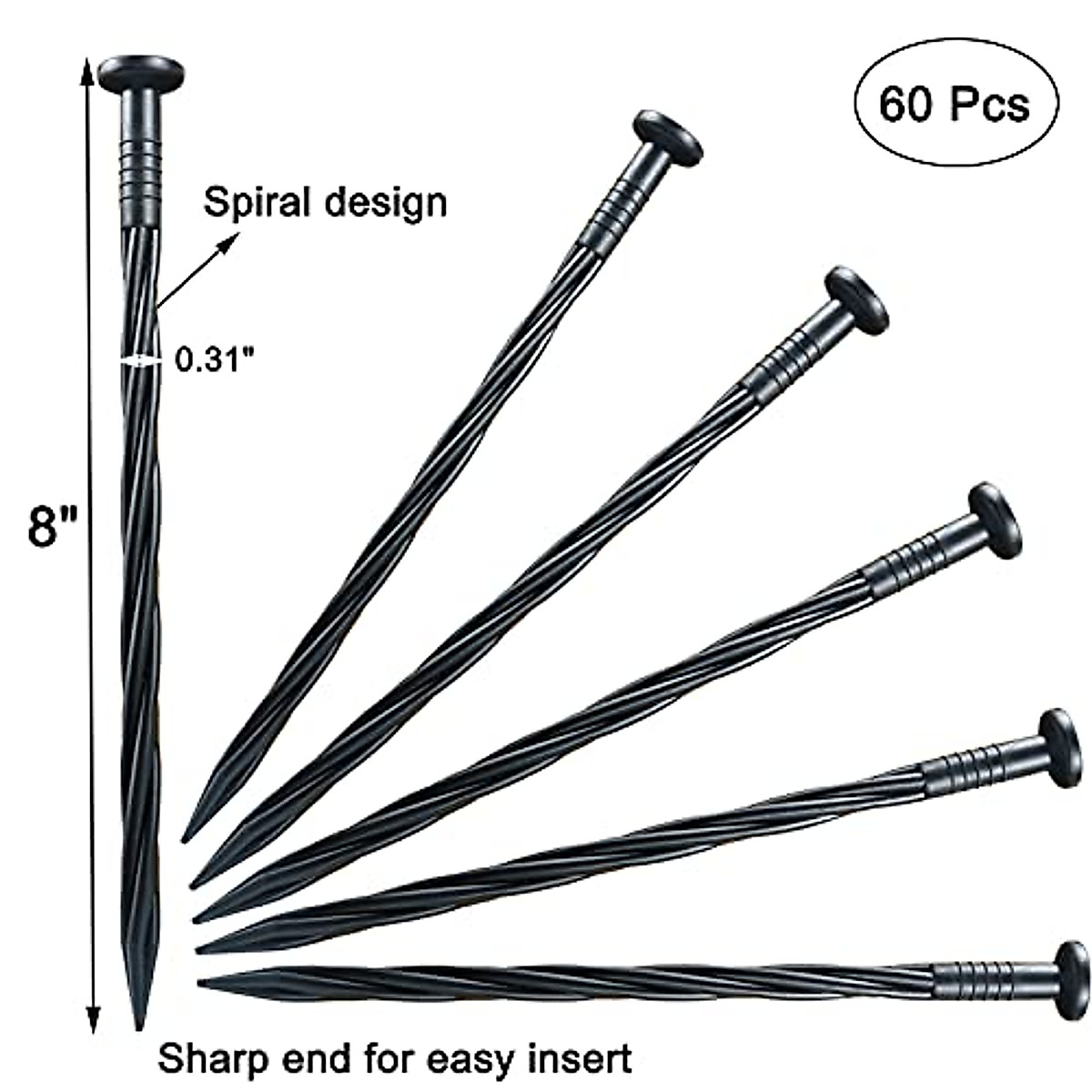 60-Pack 8 Inch Plastic Edging Nails, Landscape Edging Stakes Spiral Nylon Yard Garden Anchoring Spikes for Artificial Turf, Paver Edging, Weed Barrier, Tent