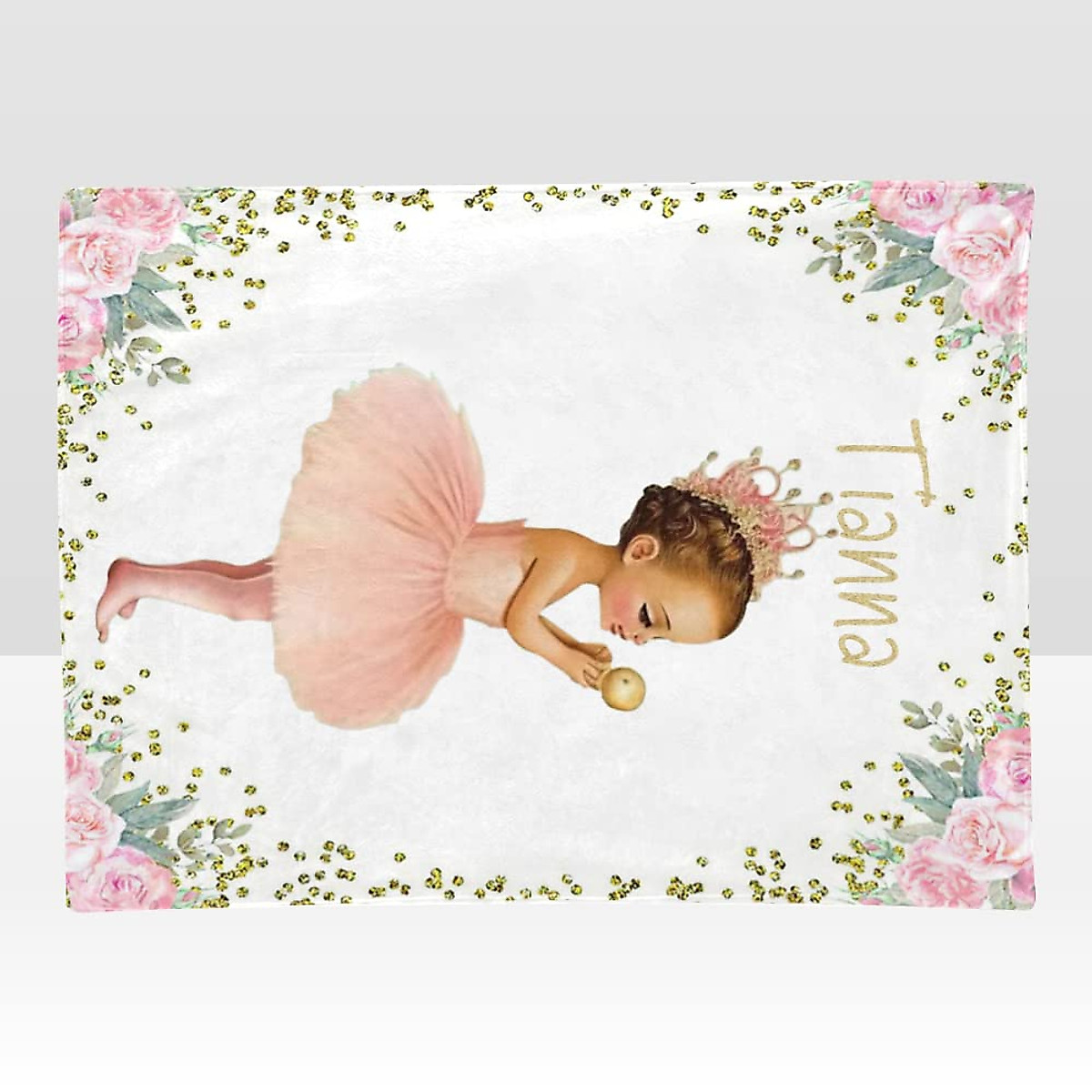 XOZOTY Personalized Cute Golden Hat Girl Pink Flowers Baby Blanket with Name Custom Baby Nursery Throw Fleece Blankets for Boys and Girls Birthday Tapestry 30 X 40inch