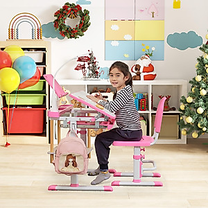 Real Relax Height Adjustable Childrens Desk and Chair Set, Kid's School Workstation with Tilt Desktop, Pink