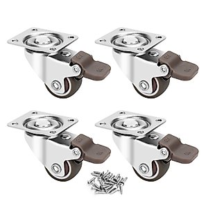 1-inch Casters Set of 4, Small Low Profile Caster with locking Brake & 360° Plate, Total Loads of 100 LB Furniture Transfers Castor Wheels, Rubber Wheel to Protect The Floor or Carpet from Scratches.