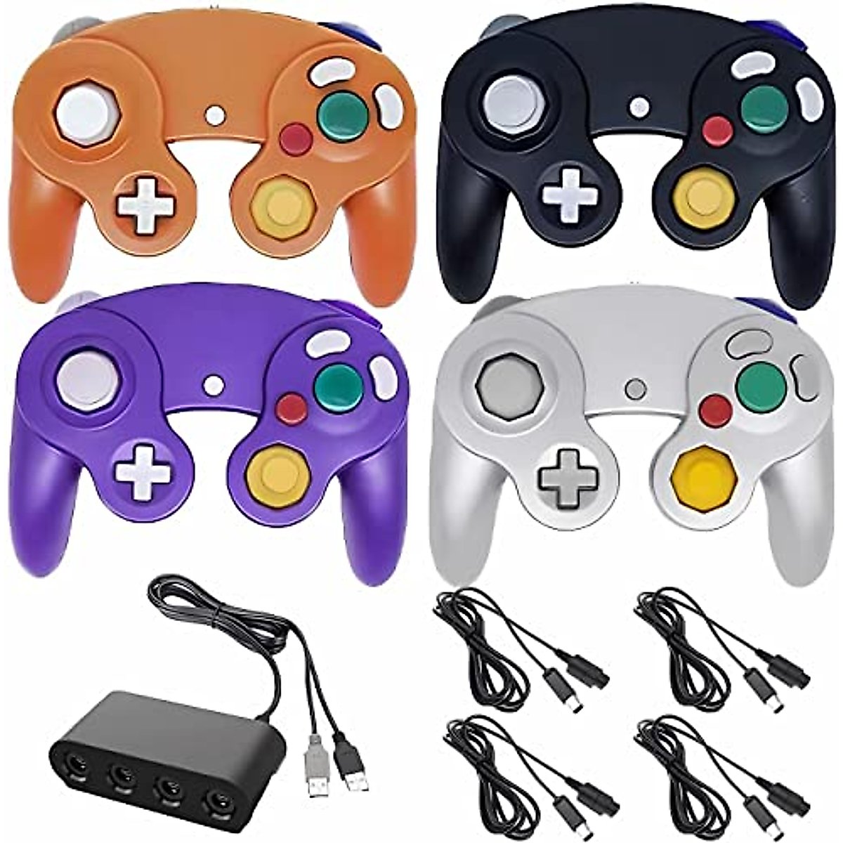 4 Controllers for Gamecube，with 4 Extension Cables and 4-Port USB Adapter for Switch PC Wii U Console (BPOS)