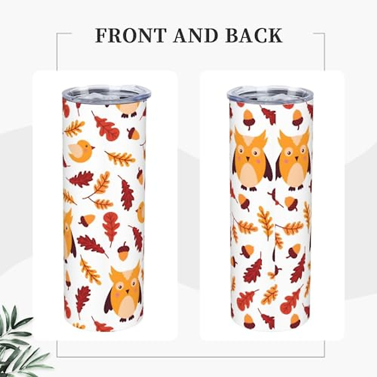 AFHYZY 20 oz Tumbler Reusable Coffee Travel Mug with Lids and Straws, Insulated Coffee Cups 20oz Stainless Steel Water Bottles Leak Proof for Home, Adults - Owl