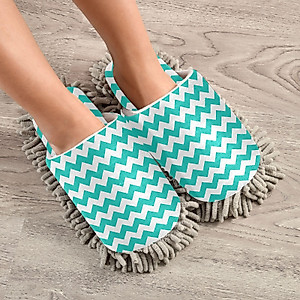 FLildon Microfiber Cleaning Slippers Turquoise Zigzag Washable Mop Shoes Slipper for Men/Women House Floor Dust Cleaner, Size L