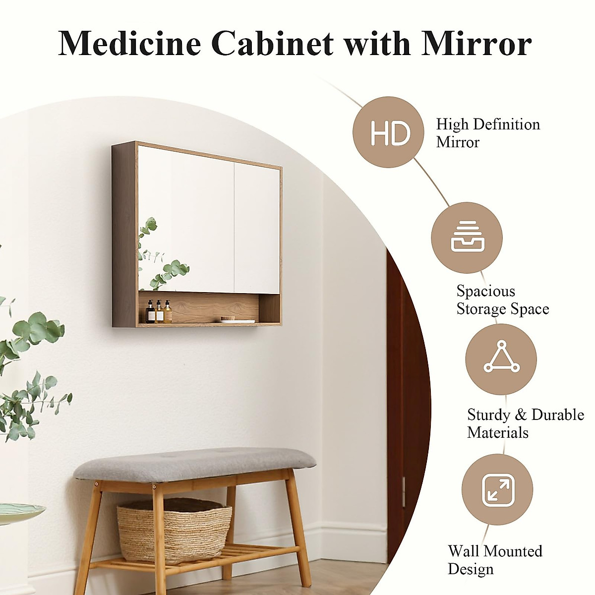 Bumblr Bathroom Medicine Cabinet with Mirror, Bathroom Wall Cabinet with Storage Over Toilet, Medicine Cabinet Organizer with 2 Doors for Laundry Room, Entryway, Bedroom, Dark Woodgrain, 36" x 30"