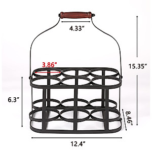 Metal Wine Bottle Carrier 6 Bottle Wine Carrier with Wood Handle Farmhouse Metal Wine Rack Basket Caddy Decorative Wine Display Stand for Wedding Bar BBQ Picnic Red White Wine Milk Storage (Black)