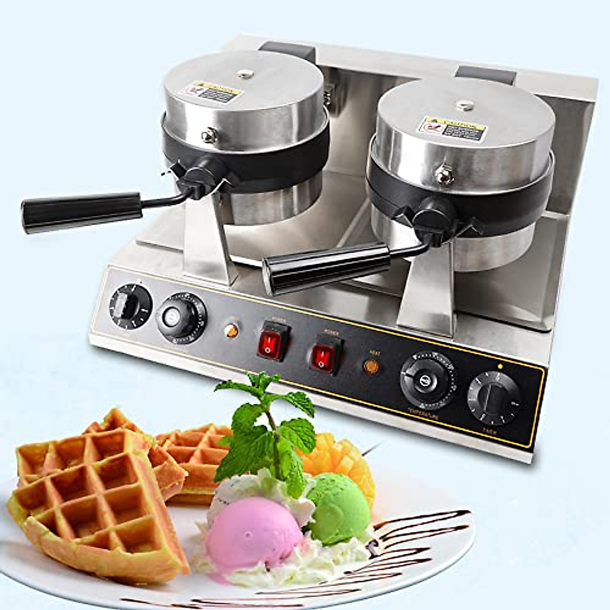 Commercial Dual-Head Rotating Non-Stick Round Belgian Waffle Maker - 1500W 7 Inch Stainless Steel Waffle Iron Machine for Restaurant or Bakery - Temperature and Time Control, 110V
