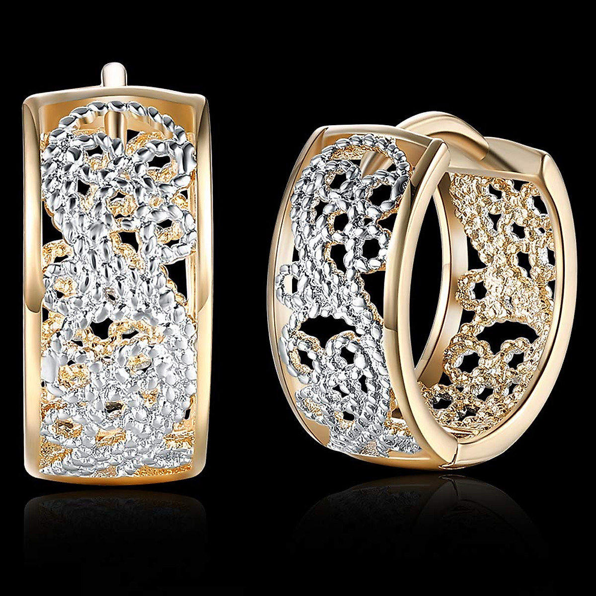 14K Gold Silver Wide Filigree Hoop Earrings Hollow Carved Flower Texture Earrings For Womens Men