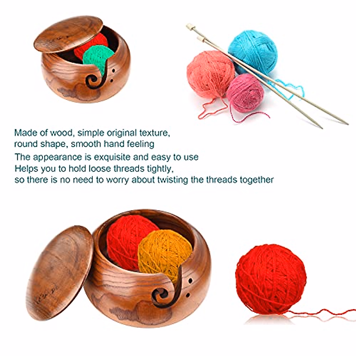 LPAYOK Wooden Yarn Bowl, Knitting Yarn Bowls with Lid, Holes, Crochets, Round Bowl Holder Handmade Yarn Storage Bowl Perfect for DIY Craft Knitting Crocheting 6.3x3.7