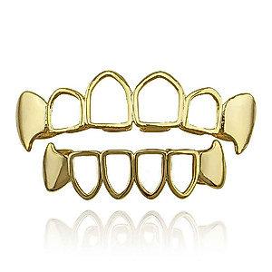 Psivika Gold Teeth Grillz Open Face Outline 6 Teeth Vampire Fangs Grillz for Men and Women (Gold)