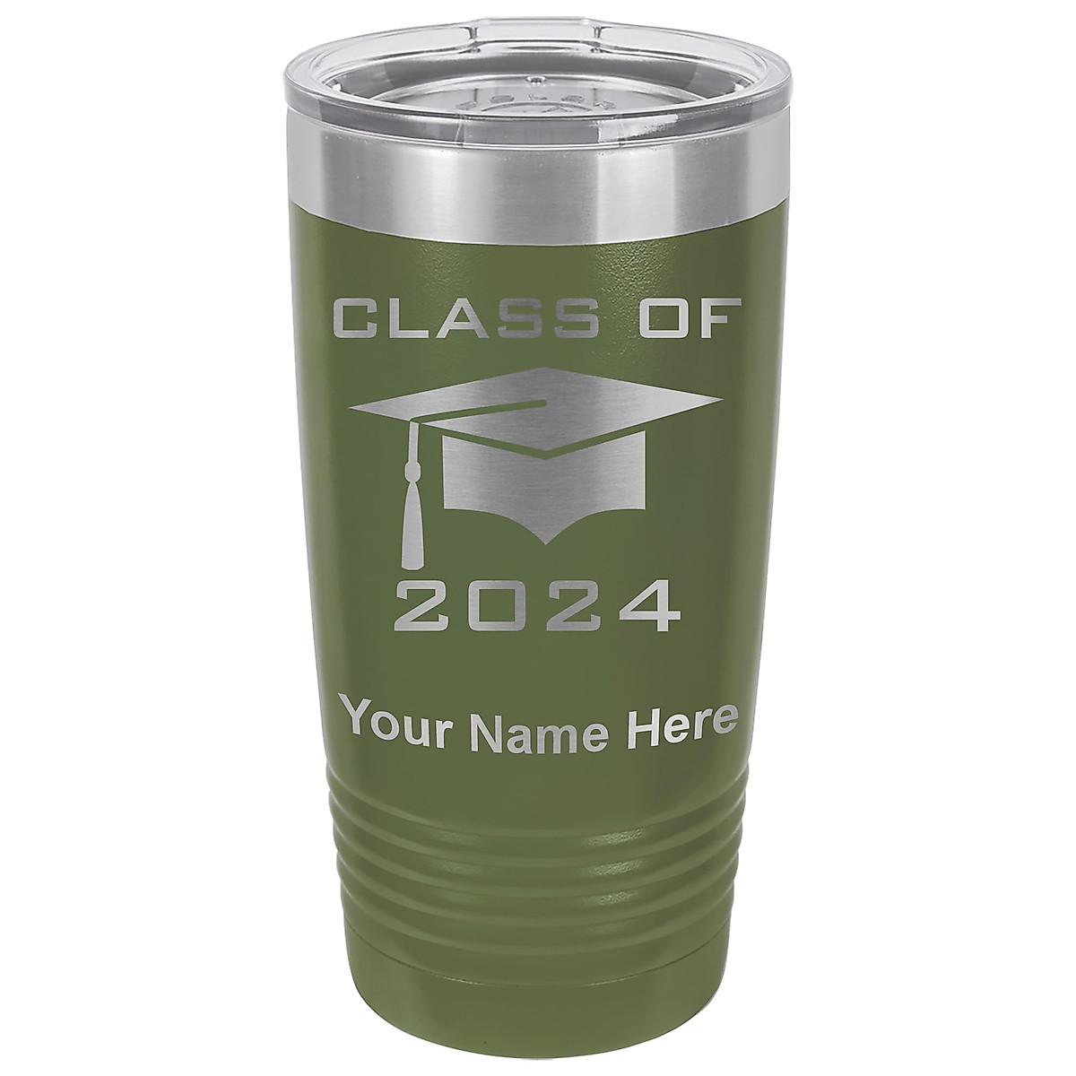 LaserGram 20oz Vacuum Insulated Tumbler Mug, Grad Cap Class of 2023, 2024, 2025, 2026, 2027, Personalized Engraving Included (Camo Green)