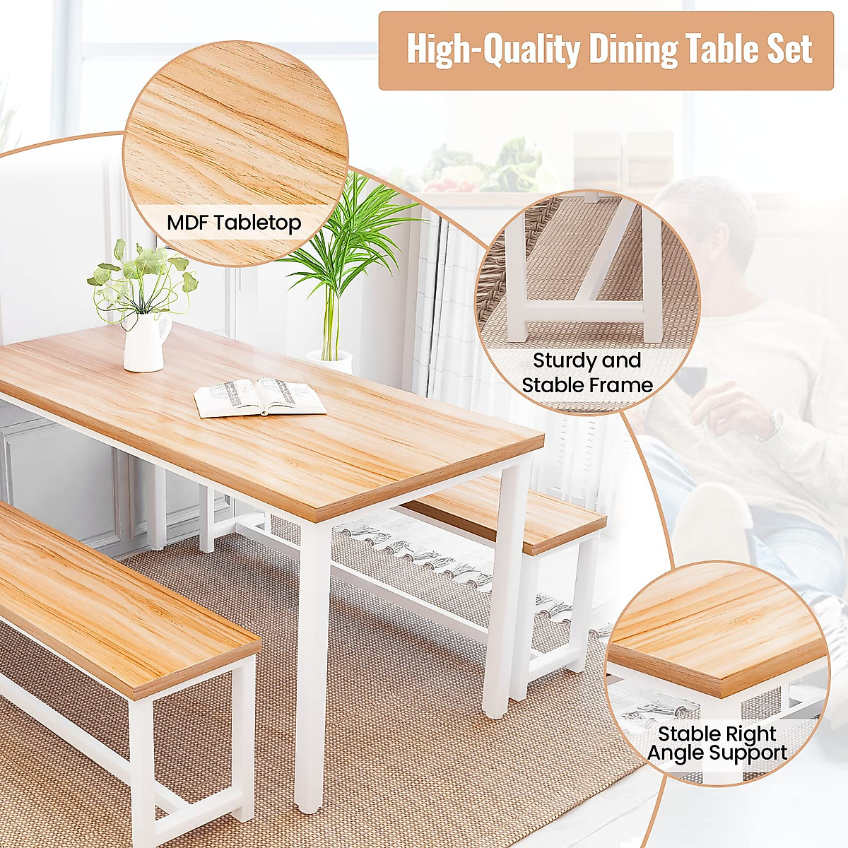 Recaceik 3-Piece Dining Table Set for 4, 43'' Dining Room Table Set with 2 Benches, Space-Saving Dinette Table with Metal Frame & MDF Board, Breakfast Table for Kitchen, Dining Room, Walnut