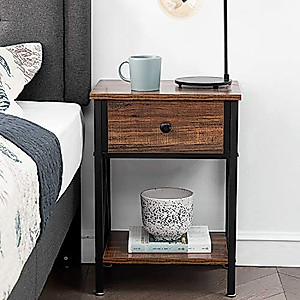 VECELO Side/End Table Drawer & Storage Shelf for Living Room Bedroom, Versatile X-Design, Brown, Nightstand with Drawer, Retro BRN