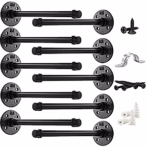Pipe Shelf Bracket 12 Inch (6 pcs Black Steel) – Pipe Bracket for Wood Floating Shelf Vintage Look – Industrial Pipe Shelves with All Accessories Needed (Shelf Not Included)
