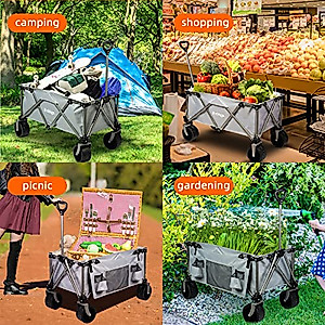 FRITIGA Collapsible Wagon Cart, with Side Bag - Folding Beach Wagon for Sand, Heavy Duty Foldable Utility Shopping Carts on Big All-Terrain Wheels, Outdoor Garden Portable Wagon