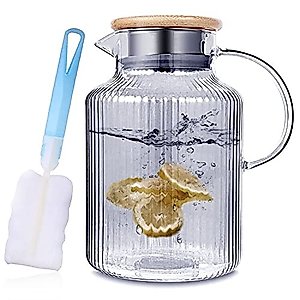LUCKY-GO Glass Pitcher with Filter Lid, Spout and Handle, 61 Ounces Heat Resistant Borosilicate Glass Water Pitcher, Glass Carafe with Brush for Hot Cold Water, Milk, Iced Tea, Juice, Beverage, Gray