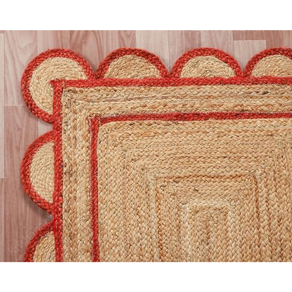 2x3, 2x4, 2x5, 2x6 Ft, Braided Scalloped Jute Rug, Red Scallop Rug, Boho Rug, Natural Jute Rug, Bohemian Rug, Jute Area Rug, Handwoven Jute Rug, Custom Size Rug (2x3 Ft, Area Rug)