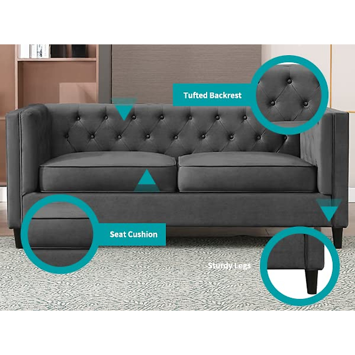 BALUS Button Tufted Upholstered Sofa, Modern Velvet Couch with Solid Wood Construction, Classic Chesterfield, 2 Seater Sofa Couch, Couches for Living Room/Apartment/Office/Bedroom Furniture,Dark Grey
