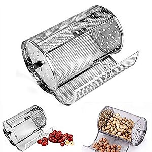 GEZICHTA BBQ Grill Roaster,Stainless Steel Grilled Cage,BBQ Rolling Grill Basket for Vegetables,Rotisserie Grill Peanut Beans French Fries Basket,Silver Grilling Accessories(2211.7 cm)