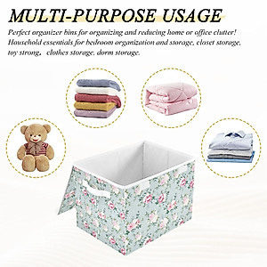 Nisza Floral Pattern Blue Large Collapsible Storage Bins with Lids and Handle, Foldable Fabric Storage Boxes Cube for Home Office