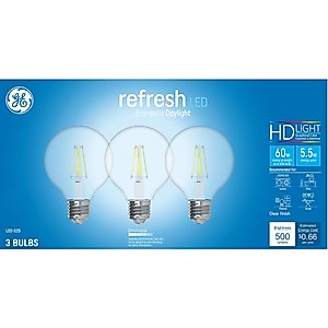 GE Refresh LED Light Bulbs, 60 Watt, Daylight, G25 Globe Bulbs, Clear, Medium Base 3 Count, (1 Pack)