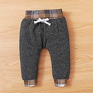 VOLUOVO Baby Boy Clothes Newborn Boy Outfits Infant Clothing Plaid Pocket Hooded Sweatshirt Long Pants Toddler Clothe(GreyOrange/90)