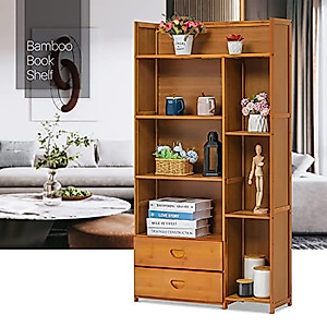 MoNiBloom 4 Tier Bookcase with 2 Drawers, Bamboo Tall Multifunctional Shelf Storage Organizer Book Display Shelves for Bedroom Living Room Office, Brown