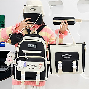 SAMAHBOE Kawaii Backpack set 5 Pcs School Backpack Cute Aesthetic Backpack Set Aesthetic School Bags Cute Bookbag with Badge& Plush Pendan,Shoulder Bag,Pencil Box,Tote Bag,Small Bag