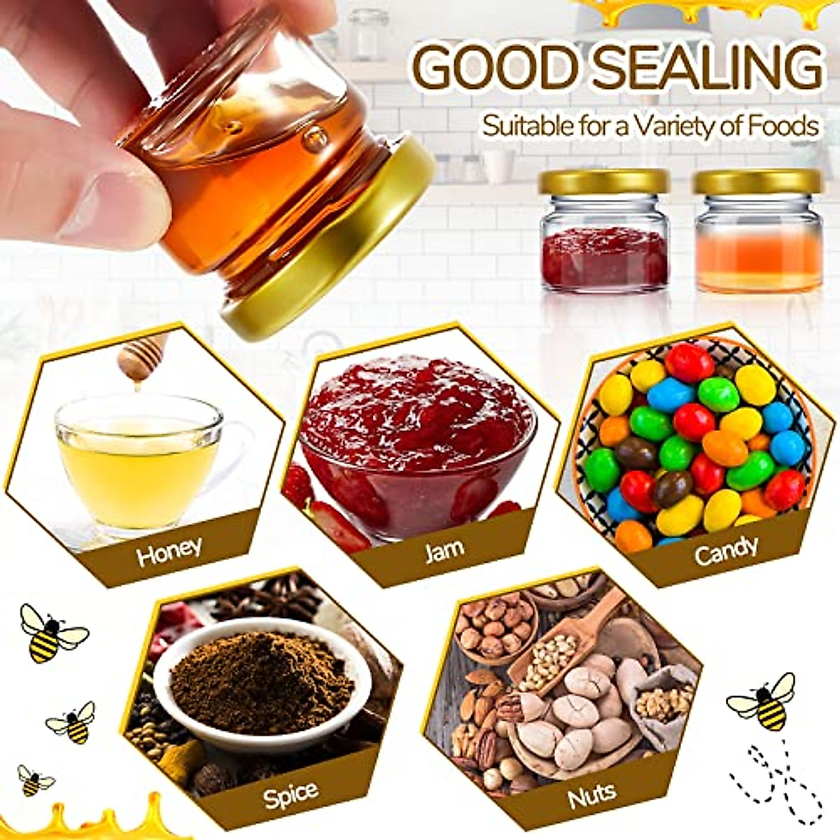 50 Pcs 1oz Small Glass Jars with Lids Mini Honey Jars with Wood Dipper, Bee Charms, Golden Gift Bags, Jutes, and Tags, Jars with Golden Lids for Baby Shower, Wedding, and Party Favors