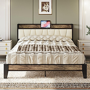 LIKIMIO Queen Bed Frame, Storage Headboard with Charging Station, Solid and Stable, Noise Free, No Box Spring Needed, Easy Assembly (Walnut and Beige)