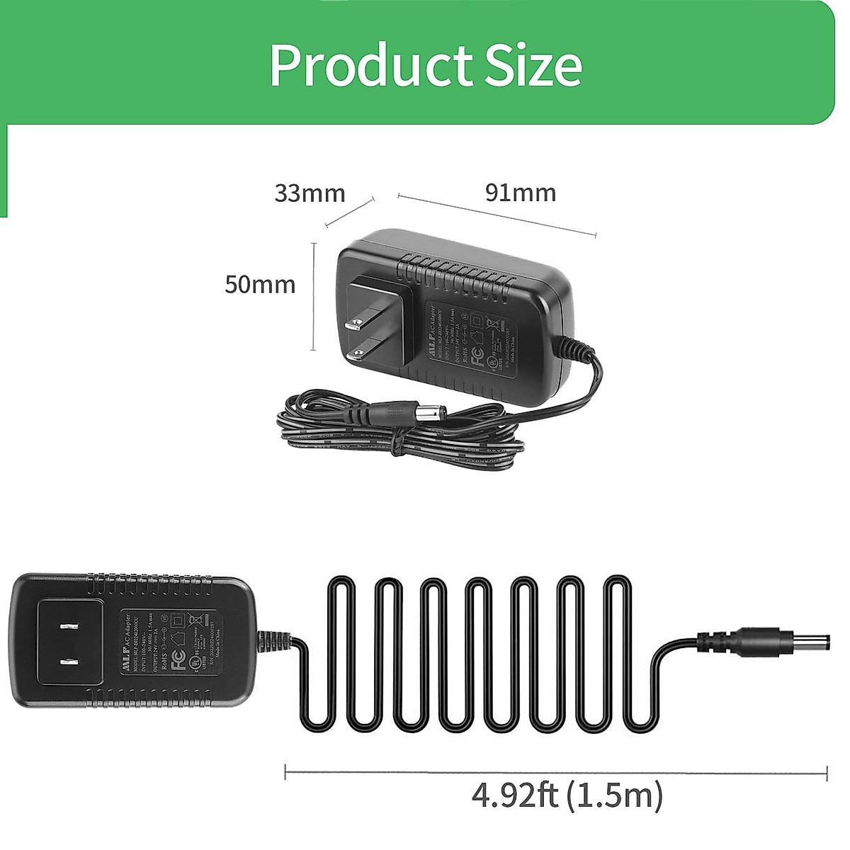 AC to DC 24V 2A Power Supply Adapter, Plug 5.5mm x 2.1mm UL Listed FCC