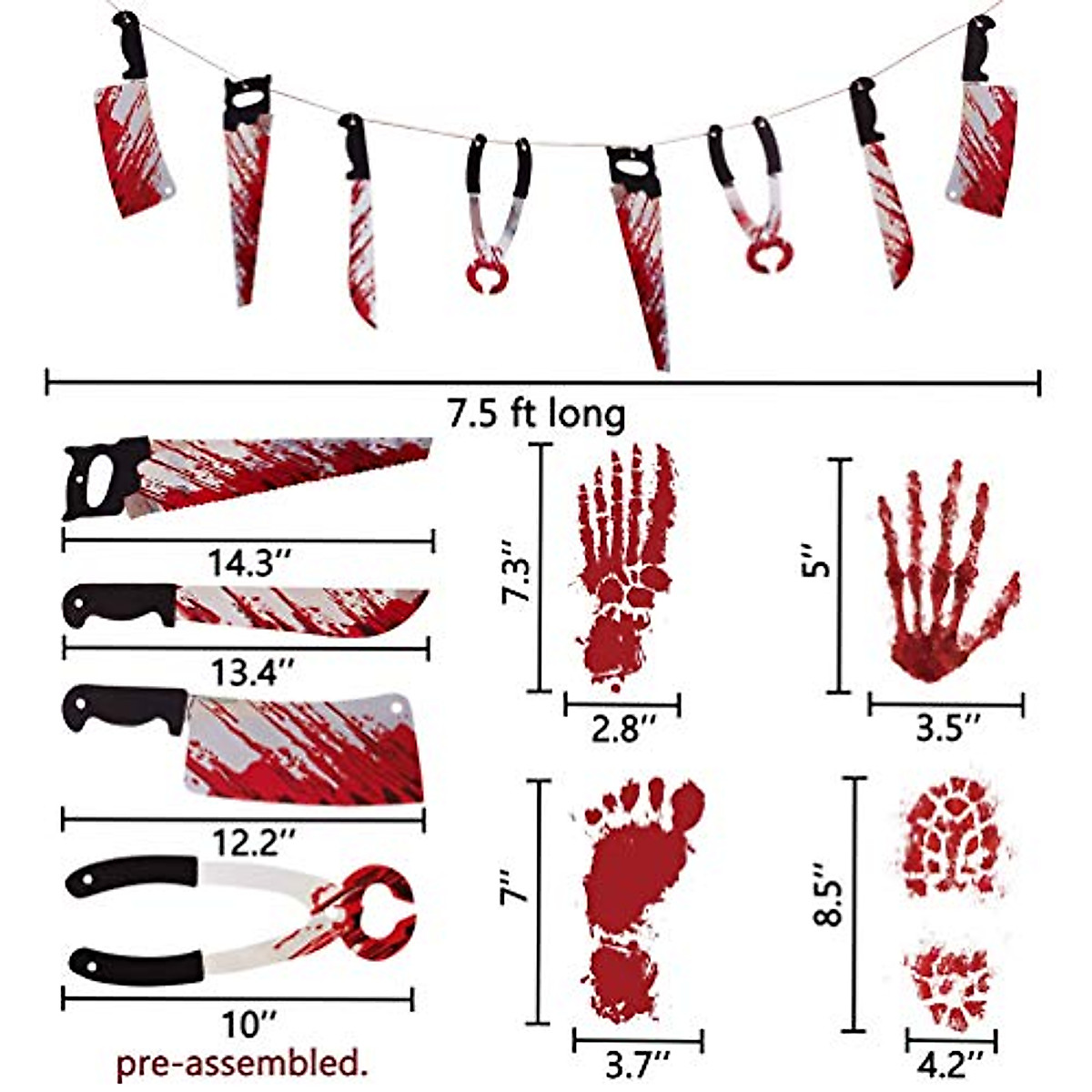 Halloween Decorations Set - Bloody Backdrop & Garland Banner & Footprints Handprints Floor Clings Decals - Zombie Vampire Party Supplies Garage Yard Outdoor Indoor Decor