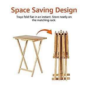 Amazon Basics Classic Portable TV Dinner Rectangular Folding Tray Table with Storage Rack, Natural - Set of 4 Trays, 15"D x 19"W x 26"H