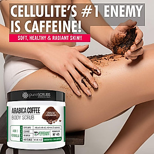pureSCRUBS Premium Organic Arabica Coffee Body Scrub Set - VANILLA BLEND Large 16oz Anti Cellulite Scrub With Essential Oils & Nutrients + FREE Wooden Spoon, Loofah & Mini Organic Exfoliating Bar Soap