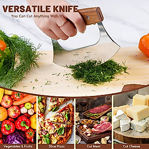 KAYCROWN Mezzaluna Ulu Knife, Pizza Cutter Rocker, Alaskan Ulu Knife with Wooden Stand, Mezzaluna Knife Salad Veggies Rocker Chopper Slicer Cutter Stainless Steel Blade, Kitchen Mincing Knives