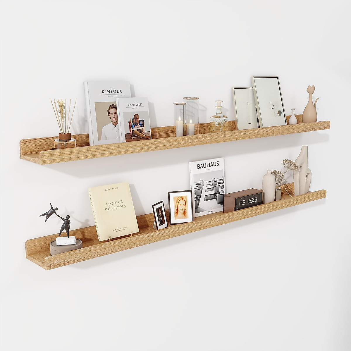 FLYJOE Picture Ledge Shelf 48 Inch | Solid Ash Wood Picture Shelf Set of 2 | 48 Inch Natural Wood Floating Shelves with Lip | Long Picture Shelf for Wall with Ledge | Photo Ledge Shelves - Natural