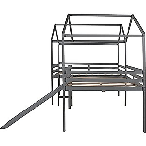 ATH-S L-Shape Loft Beds Full House Loft Bed with Slide Low Loft Bed Frame for 2, Wood Gray Playhouse Loft Bed for Girls Boys Teens (Color : Gray Full House Bed)